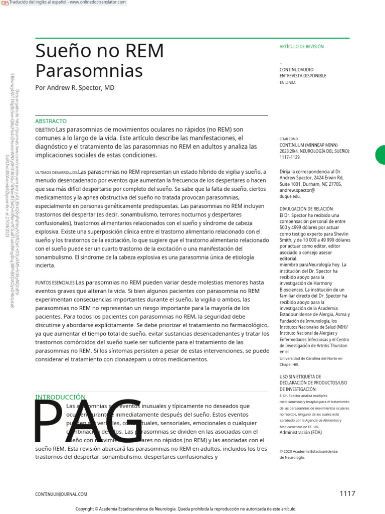 Non Rem Sleep Parasomnias .2023.en - Es | PDF | Pesadilla | Dormir