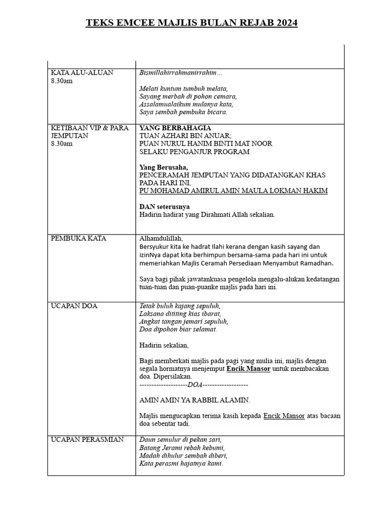 TEKS EMCEE Majlis Ceramah Rejab 2024 | PDF