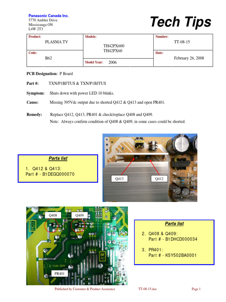 Panasonic TH-42PX60 TH-42PX600 10 Blinks Repair Tips | PDF