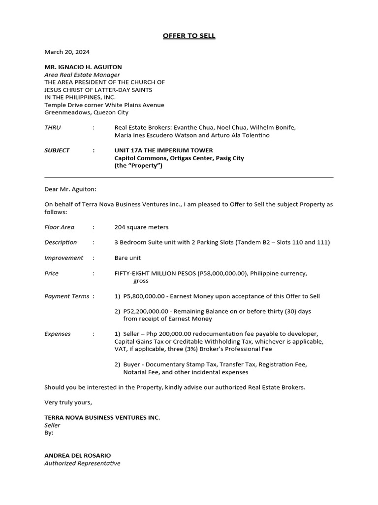 Offer To Sell Unit 17a Imperium 2 | PDF | Law