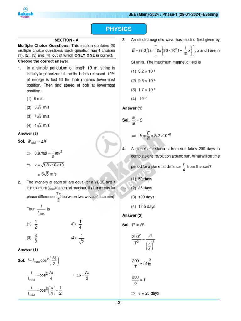 Jee Main 2024 Shift2 Jan29 Physics Evening | PDF | Applied And Interdisciplinary Physics ...