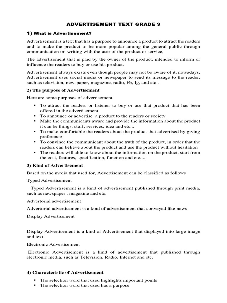 Advertisement Text Grade 9 | PDF | Advertising | Newspapers