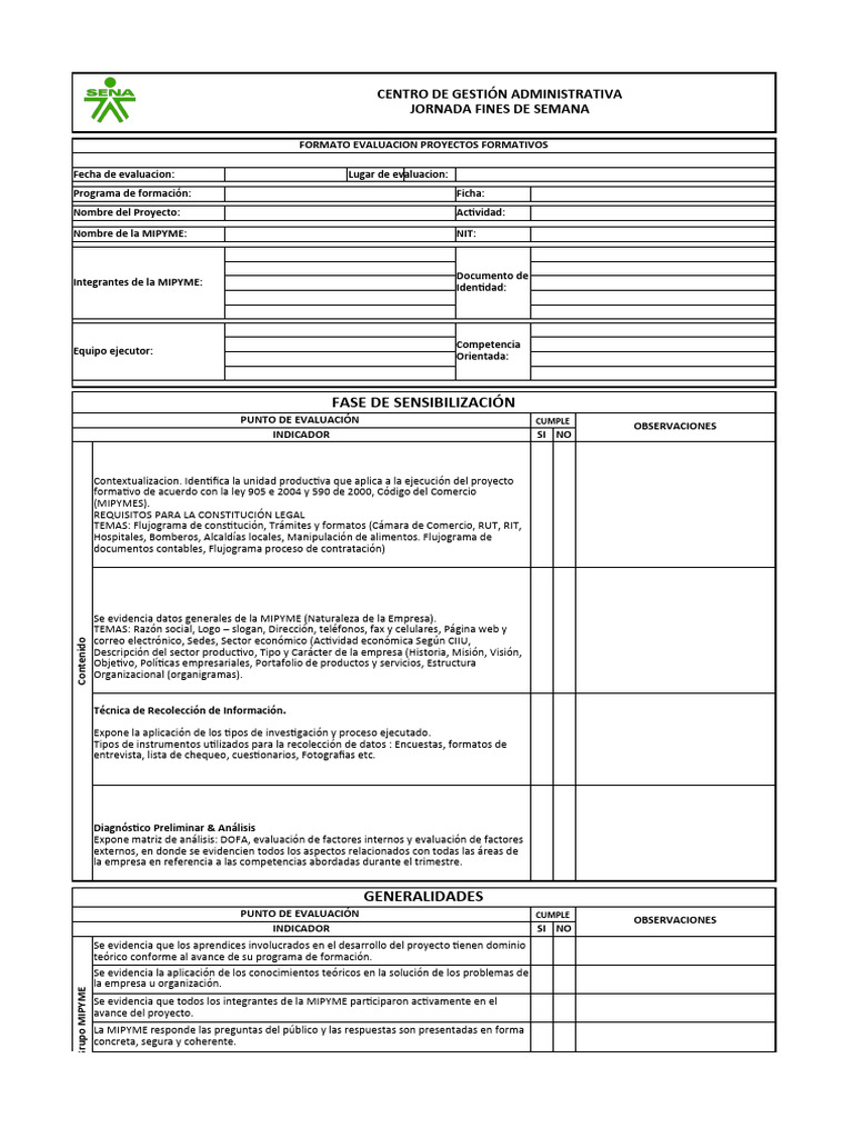 Formato Evaluacion Proyectos Formativos | PDF | Evaluación | Business