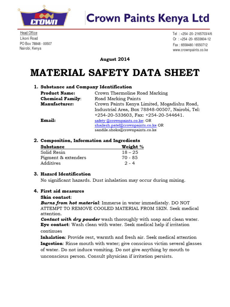 Crown Thermoline Road Marking MSDS | PDF | Combustion | Breathing