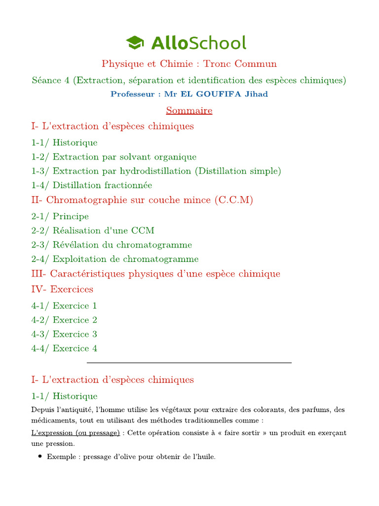 Seance 4 Extraction Separation Et Identification Des Especes Chimiques ...