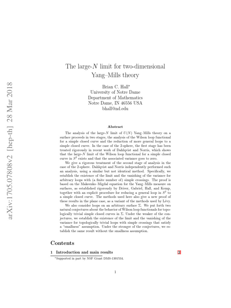 The Large-N Limit For Two-Dimensional Yang-Mills Theory | PDF ...