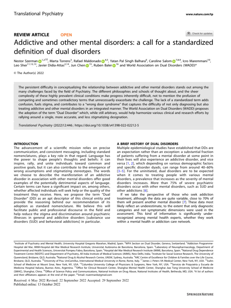 Addictive and Other Mental Disorders - A Call For Standardised Def of ...