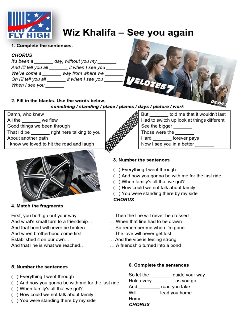 Wiz Khalifa See You Again Activities With Music Songs Nursery Rhymes ...