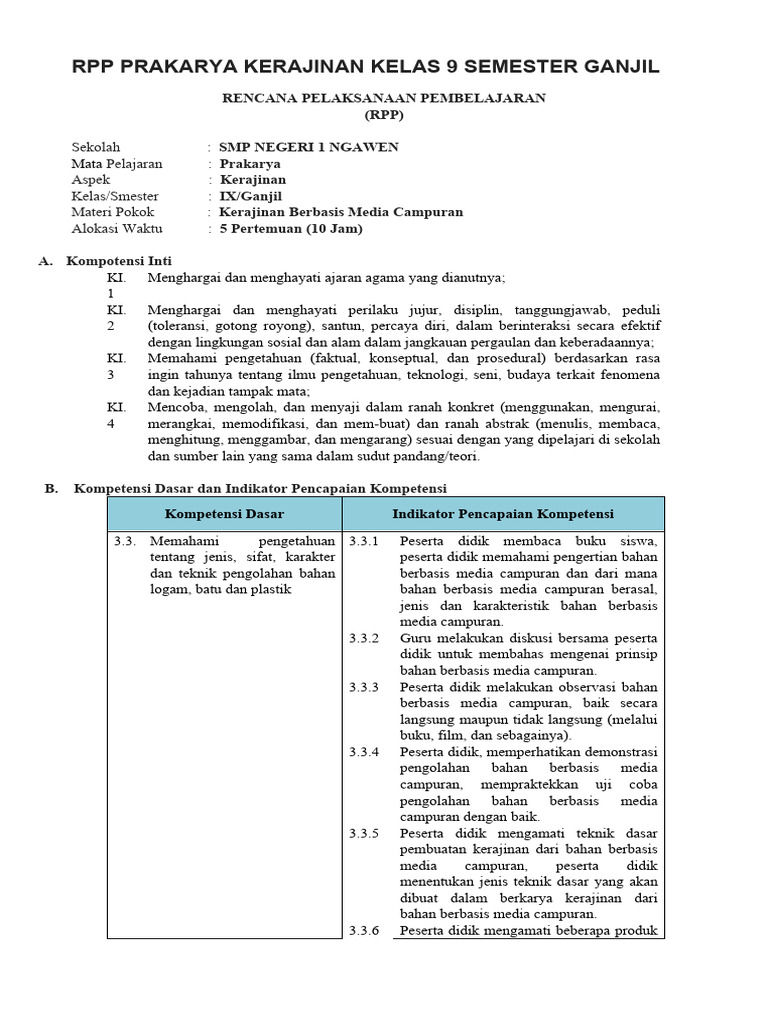 Edit RPP PRAKARYA KERAJINAN KELAS 9 SEMESTER 2 Edit | PDF | Seni | Karier & Perkembangan