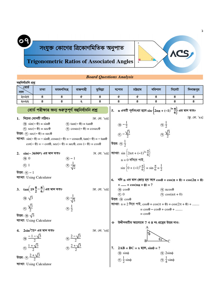 Trigonometric Ratios MCQ Suggestion HSC 2024 | Download Free PDF ...
