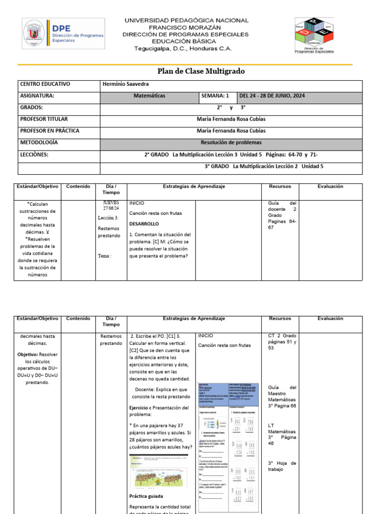 Planes Matemáticas Fer Pdf Sustracción Evaluación