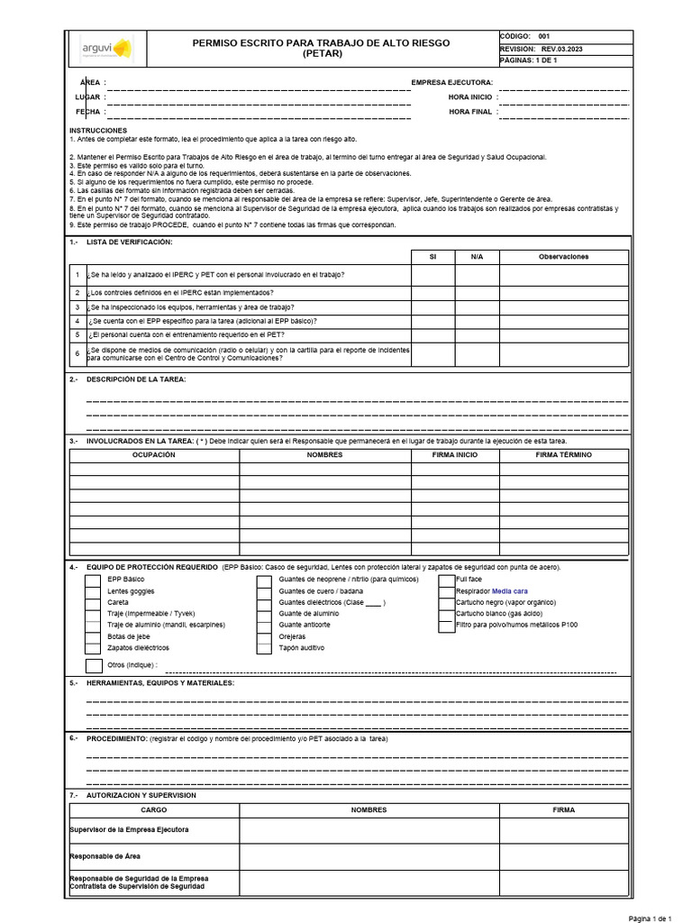 Permiso Escrito para Trabajo de Alto Riesgo - Petar | PDF
