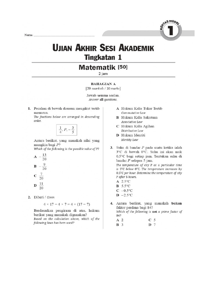 LATIHTUBI UASA MATH F1 | PDF