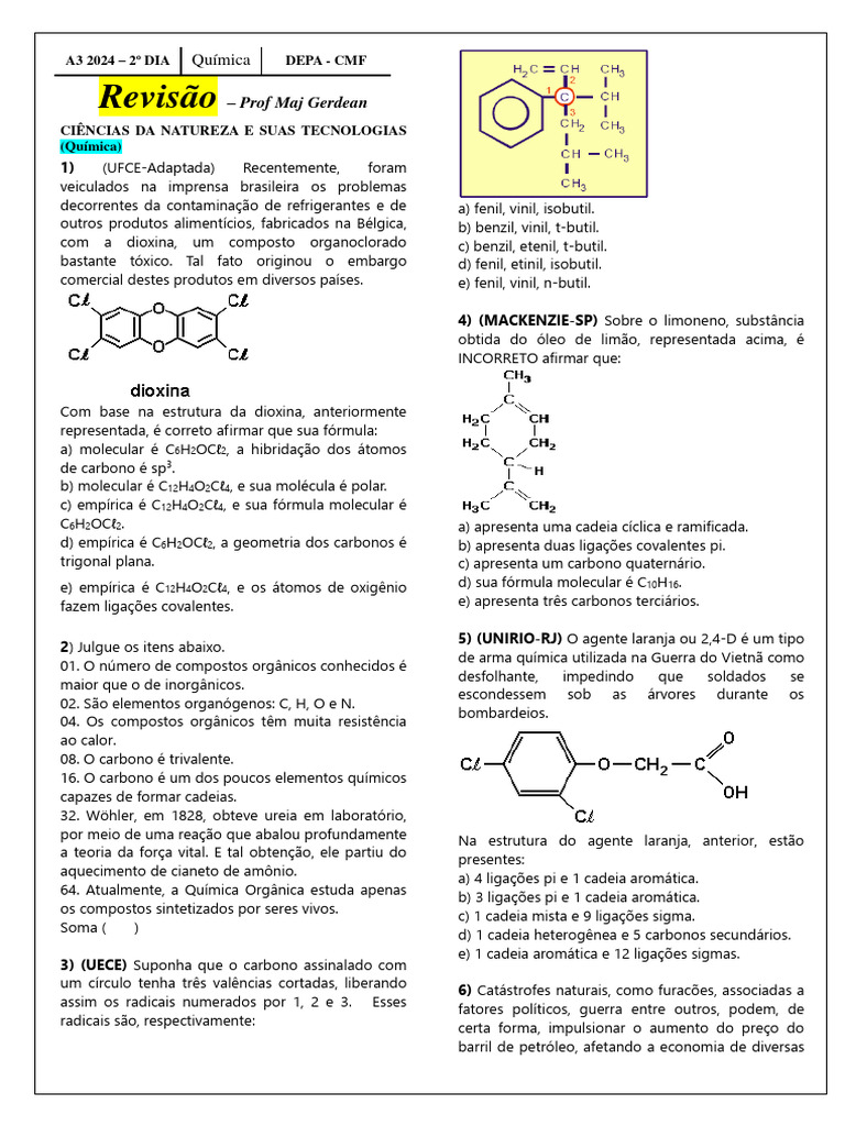 Td Revisão A3 De Química 2024 3ºano Pdf Química Química Orgânica