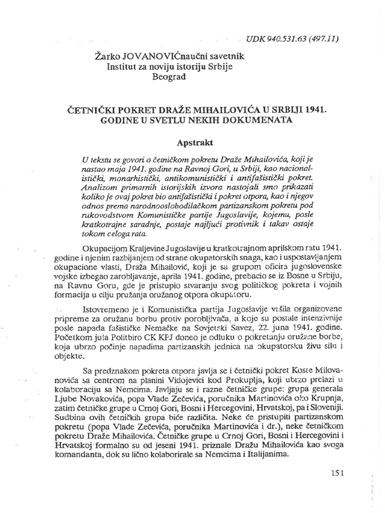 Jovanovic - Draza Mihajlovic Četnički Pokret | PDF