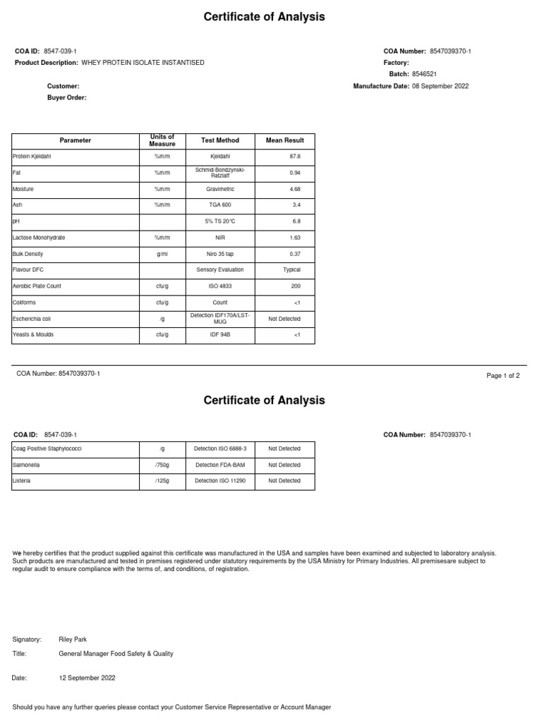 Whey Protein COA | PDF