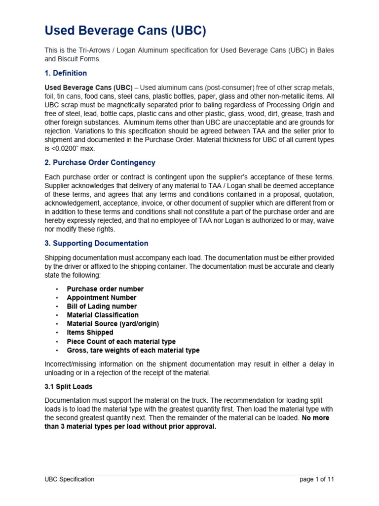 Used Beverage Cans (UBC) : 1. Definition | PDF | Truck | Dangerous Goods