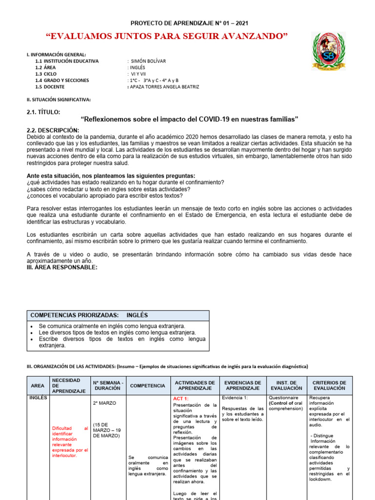 Proyecto de Aprendizaje N | PDF | Evaluación