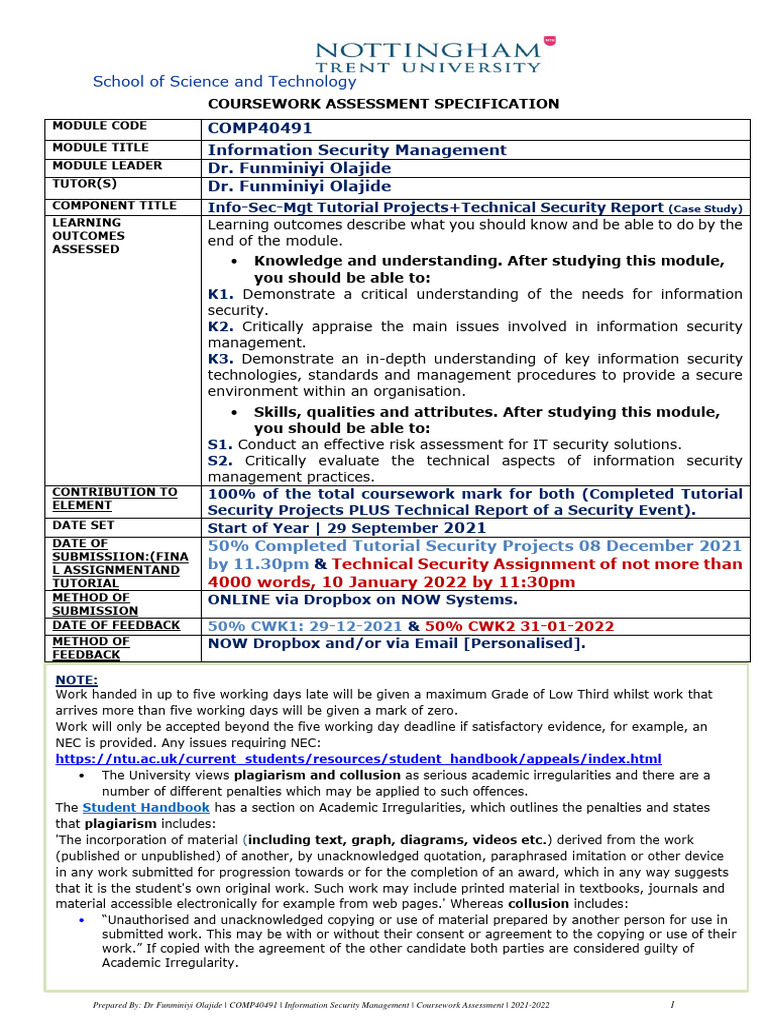 1 Assessment Comp40491 Info Sec Mgt Tutorial Projects+Technical Security Report Cwk 2021 20221 ...