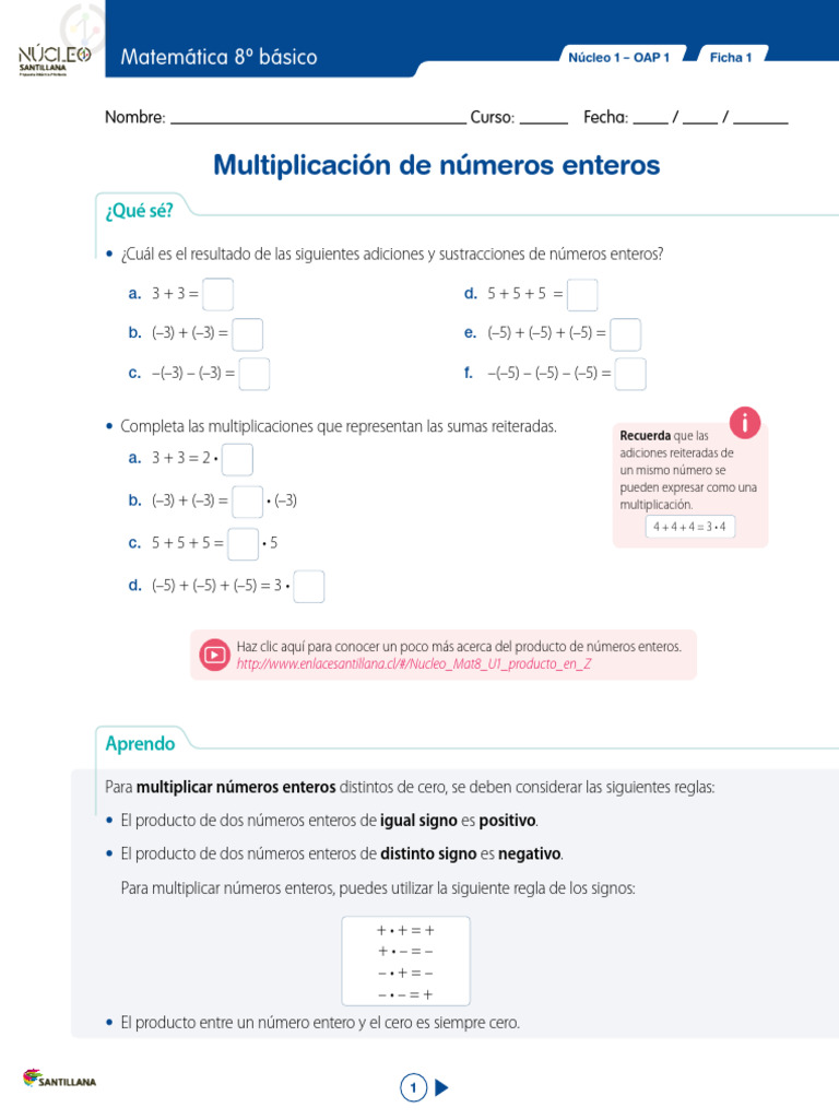 Multiplicación de Números Enteros | PDF | Multiplicación | Entero