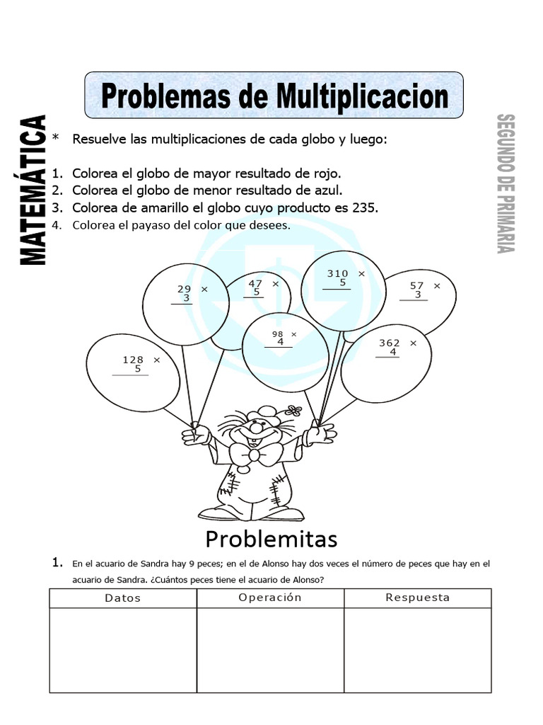 Ficha De Problemas De Multiplicacion Para Segundo De Primaria Pdf