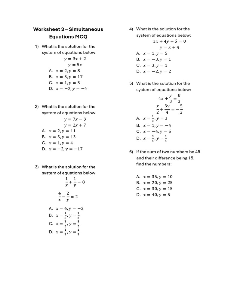 Simultaneous Equations Worksheet | PDF | Equations | Mathematical Objects
