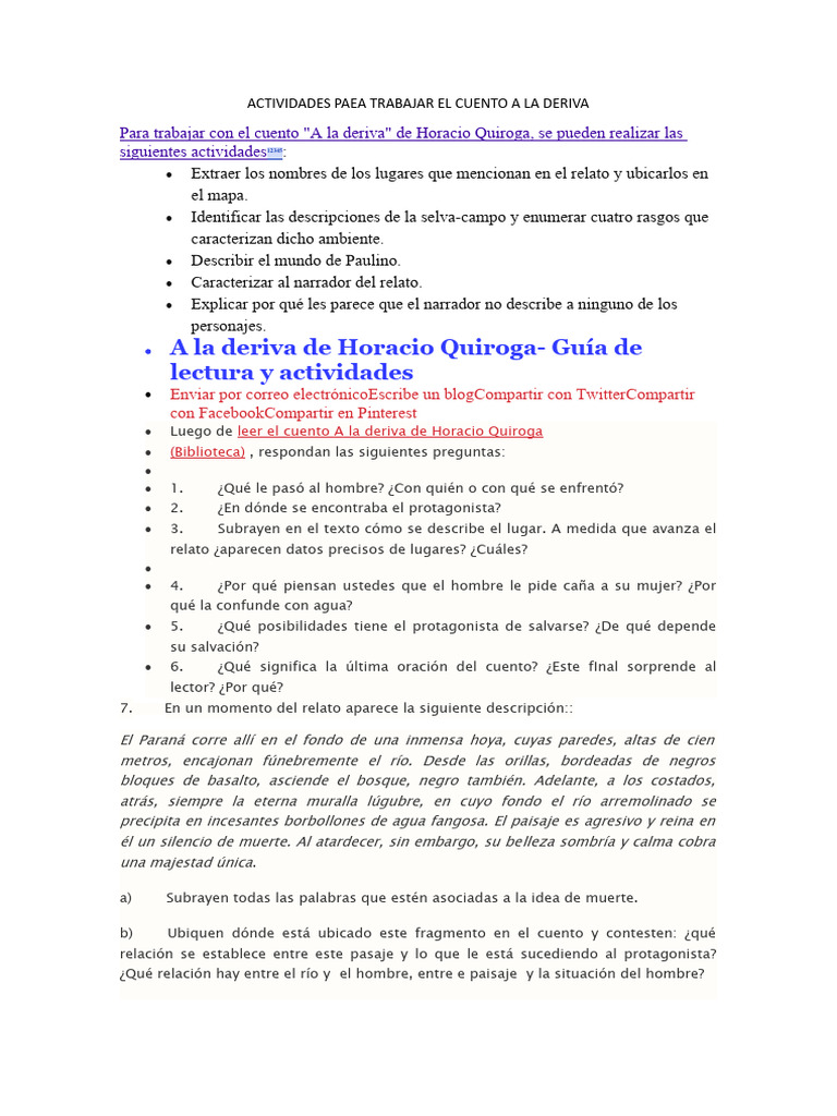 Actividades sobre "A la deriva" de Quiroga | PDF | Verbo