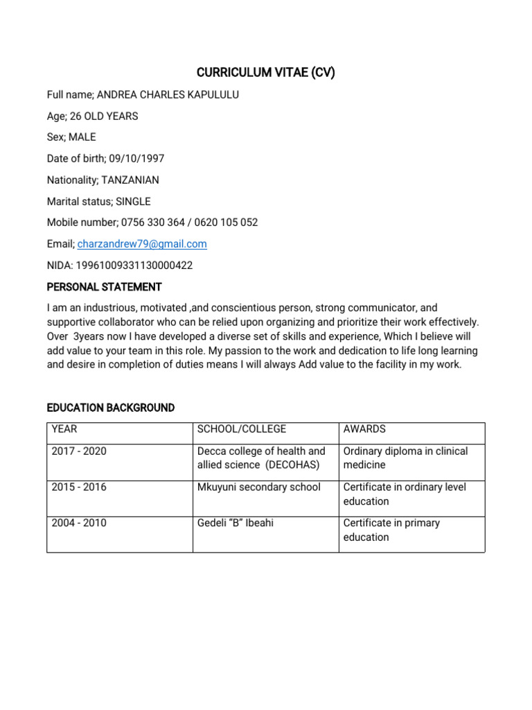 Andrea Kapululu CV | PDF