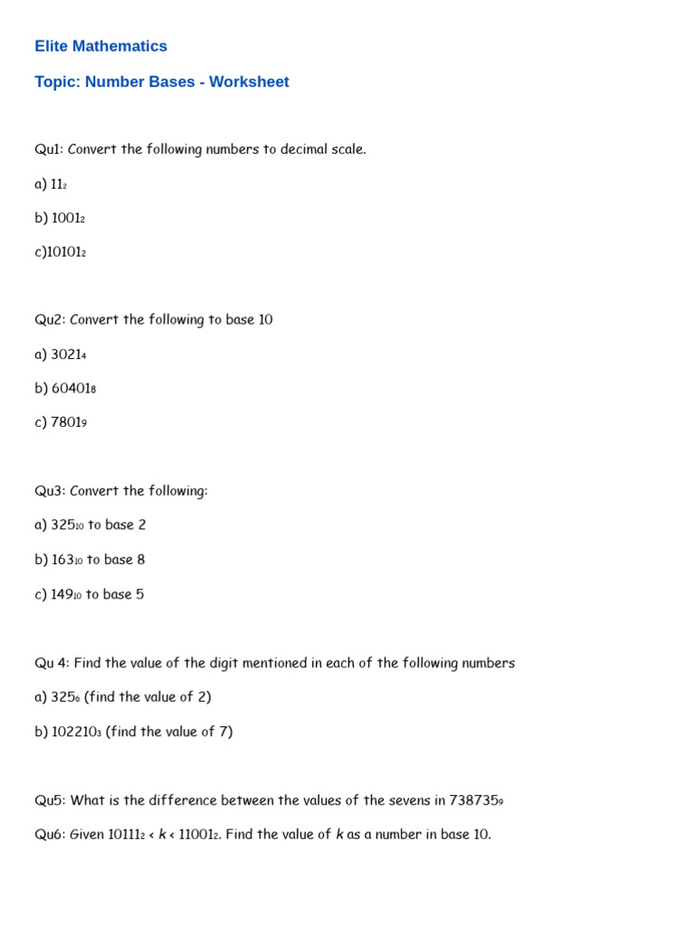Number Bases - Worksheet | PDF | Teaching Methods & Materials