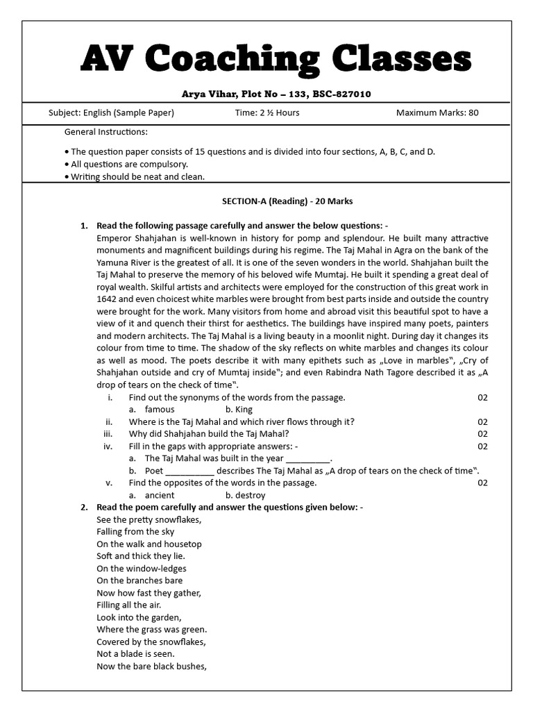 Class 5-Eng Sample Paper-II | PDF | Mother Teresa | Linguistics