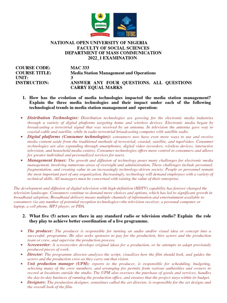 MAC 333 (2022_1) Past Questions and Answers | PDF | Marketing | Mass Media