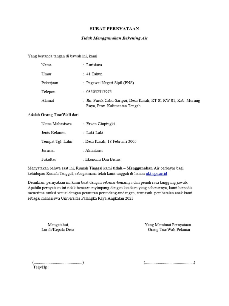 SURAT PERNYATAAN REKENING AIR | PDF