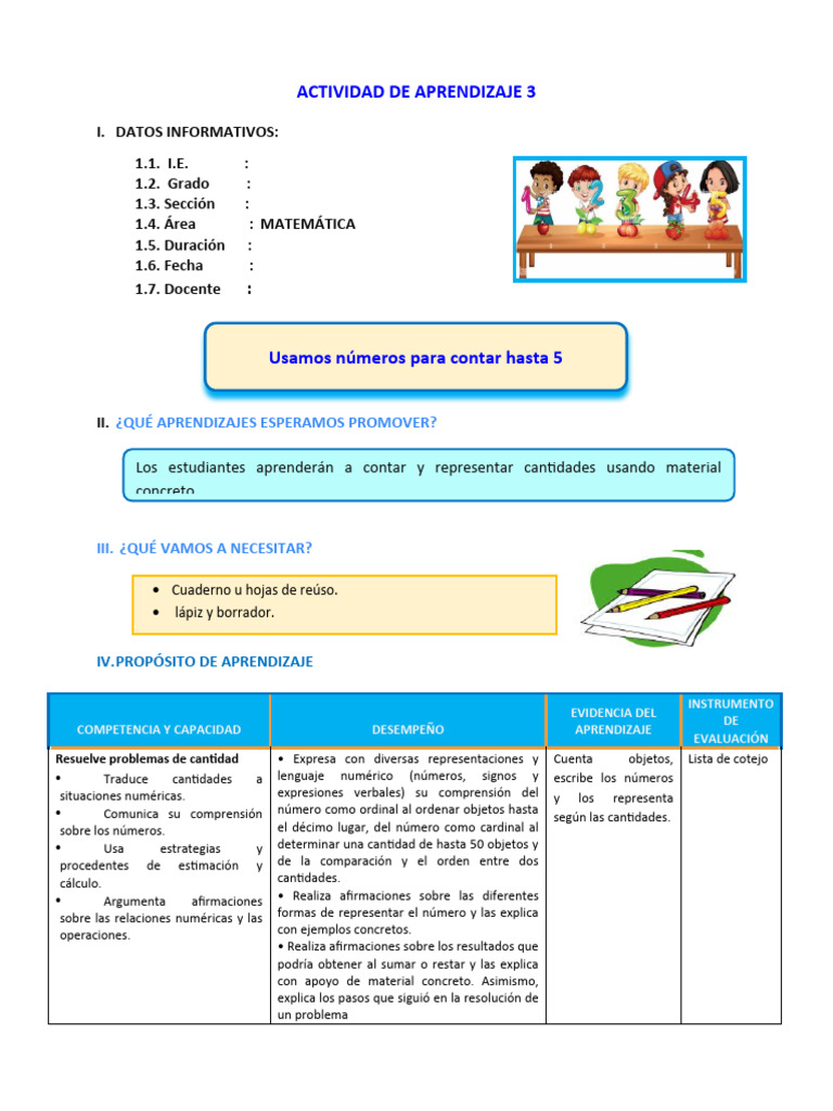 D3 A1 SESIÓN Usamos Números para Contar Hasta 5 | PDF | Evaluación ...