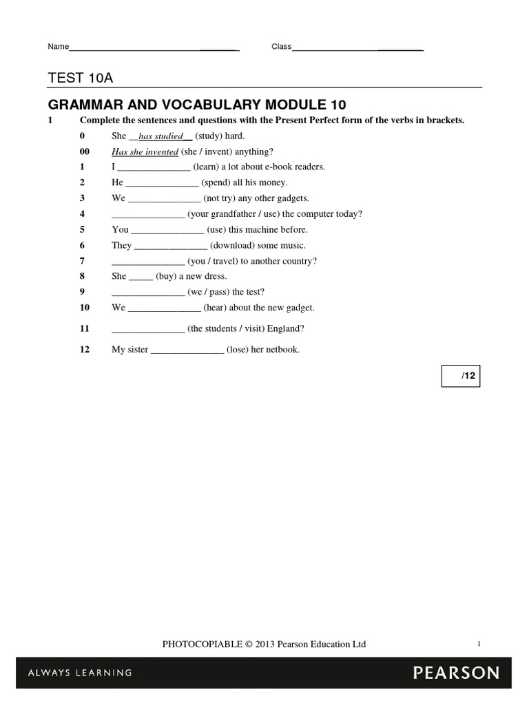 Grammar and Vocabulary Module 10: Test 10A | PDF
