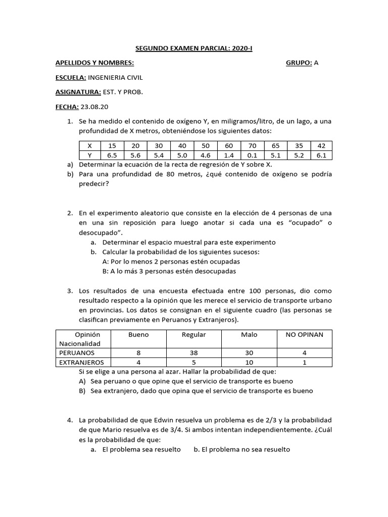Segundo Examen Parcial Estadistica y Prob Civil | Descargar gratis PDF | Probabilidad ...