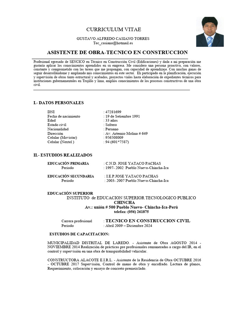 144772780-Cv-de-Tecnico-en-Construccion | PDF | Hormigón | Ingeniería