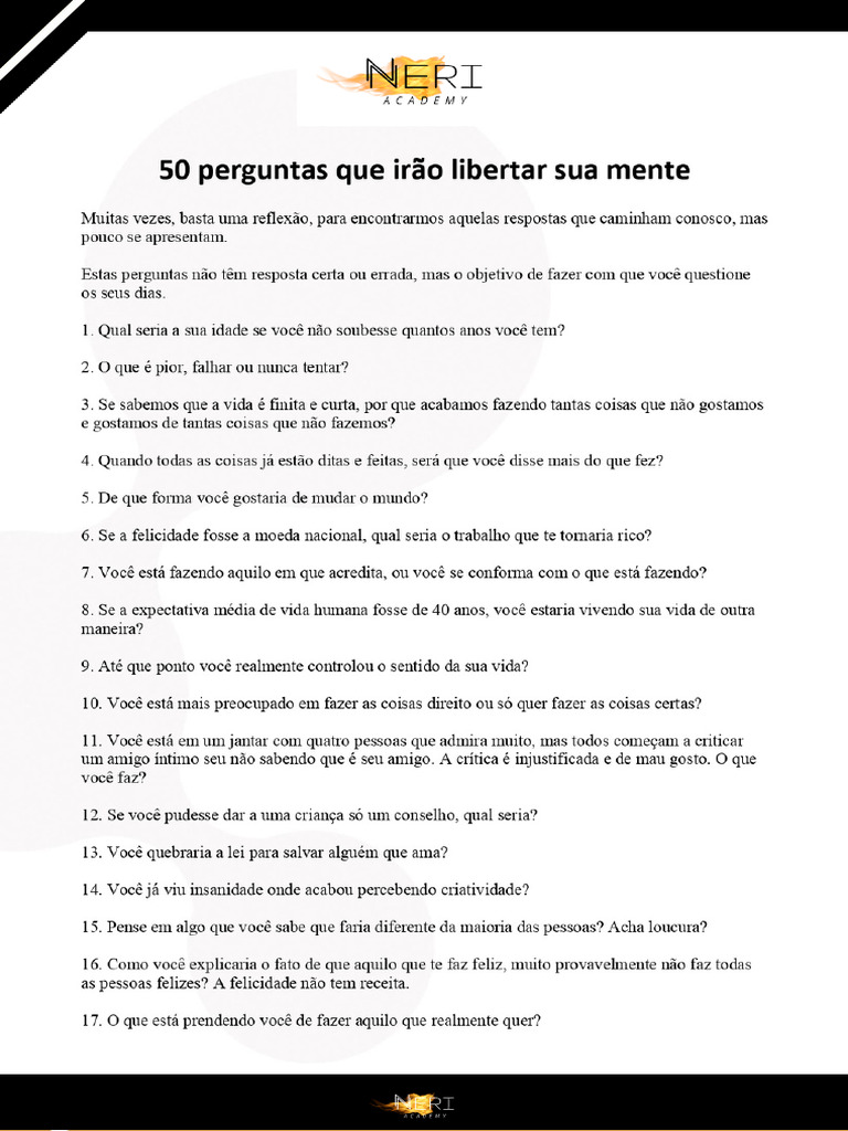 50 Perguntas Que Irão Libertar Sua Mente | PDF
