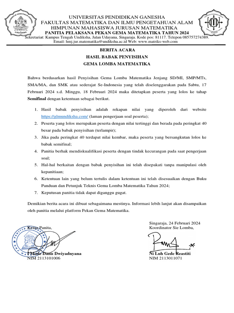 Berita Acara Penyisihan GLM 2024 | PDF