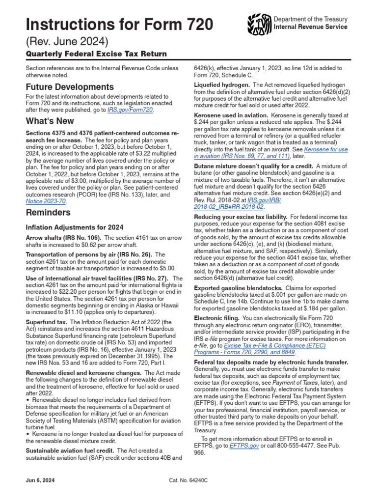 Instructions For Form 720: (Rev. June 2024) | PDF | Taxes | Internal Revenue Service