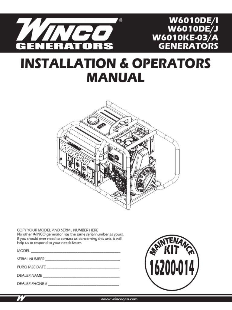 Installation & Operators Manual: W6010DE/I W6010DE/J W6010KE-03/A Generators | PDF | Electric ...