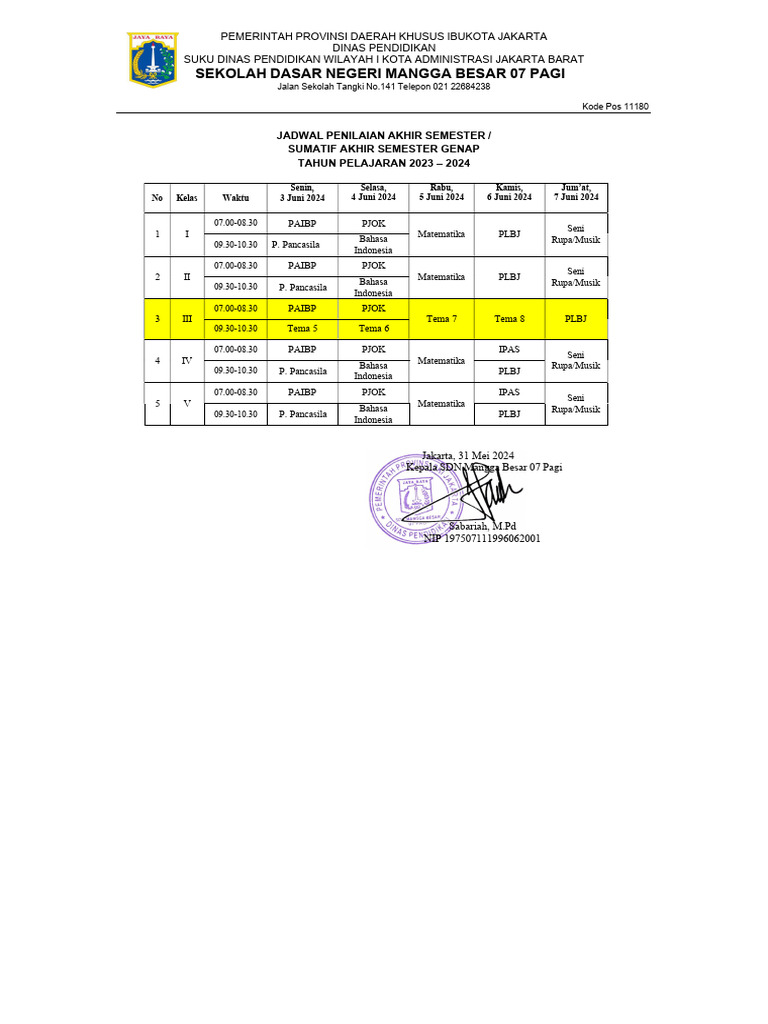 Jadwal Pas - Sas Genap Tahun Pelajaran 2023 - 2024 | PDF