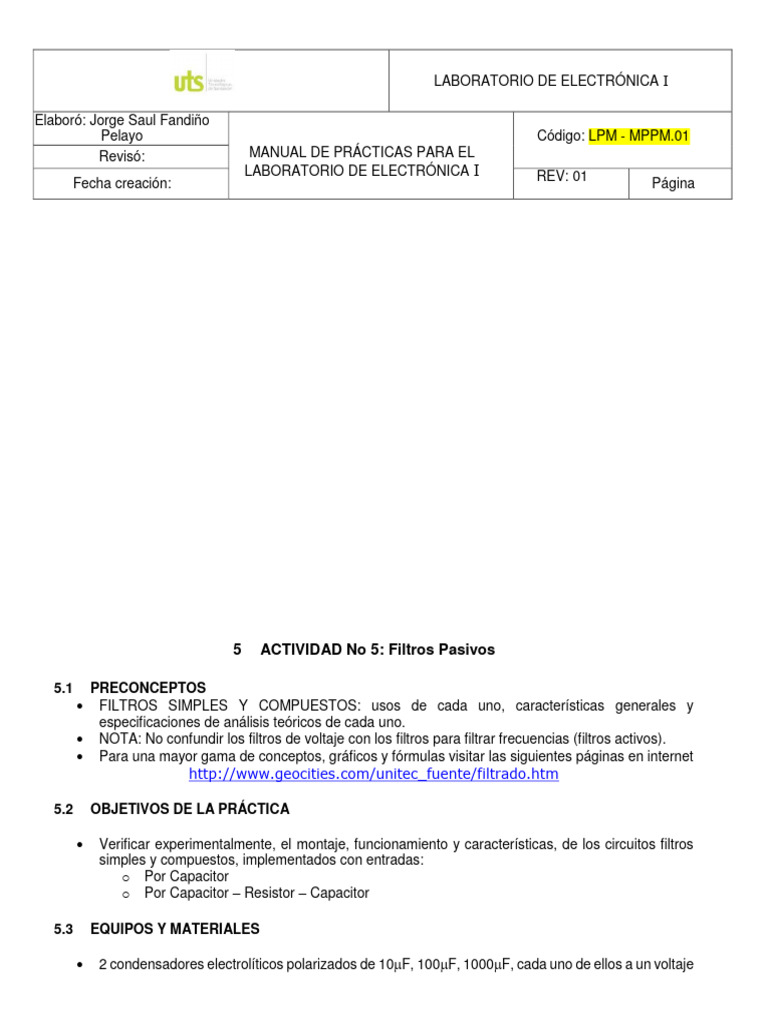 Laboratorio 5 - Filtros Pasivos | PDF | Rectificador | Red eléctrica