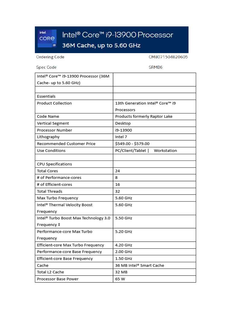 CPU Intel Core I9-13900k - 96MPI-13900-24E - Datasheet20230928143032 | PDF | Computing | Intel