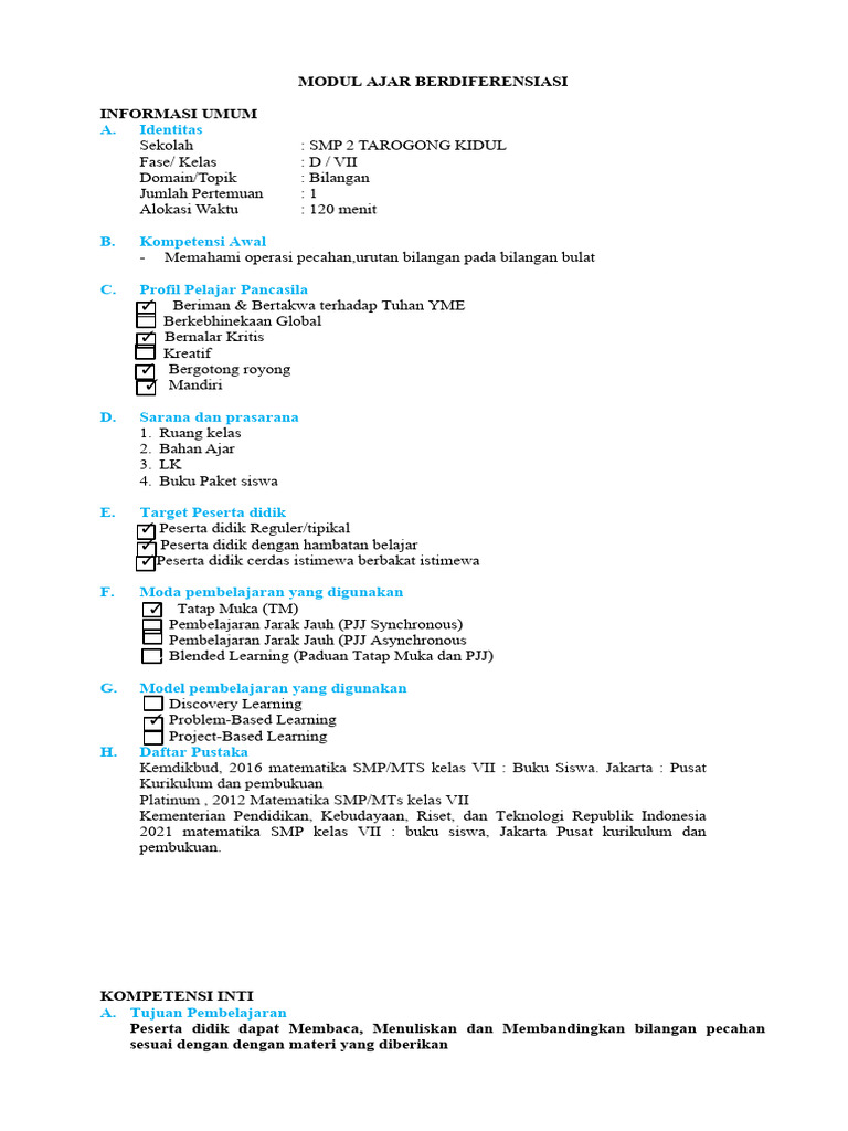 Modul Ajar PSP Bilangan Pecahan | PDF