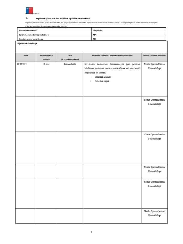 Registros Fonoaudiológicos 1ro A | PDF | Educación especial ...
