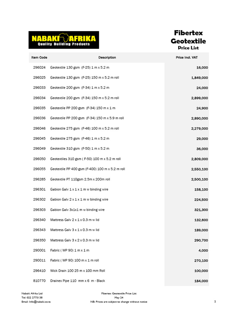 Fibertex Geotextile Price List | PDF | Drainage | Land Management