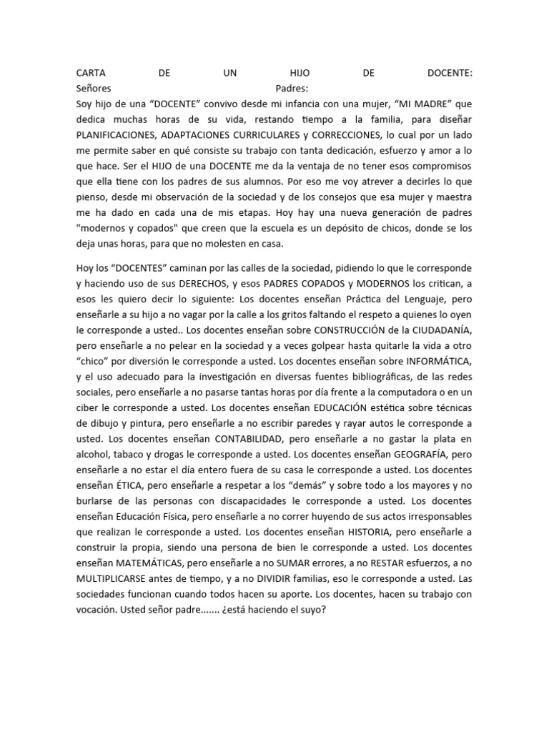 Carta de Un Hijo de Docente | PDF | Enseñando | Maestros