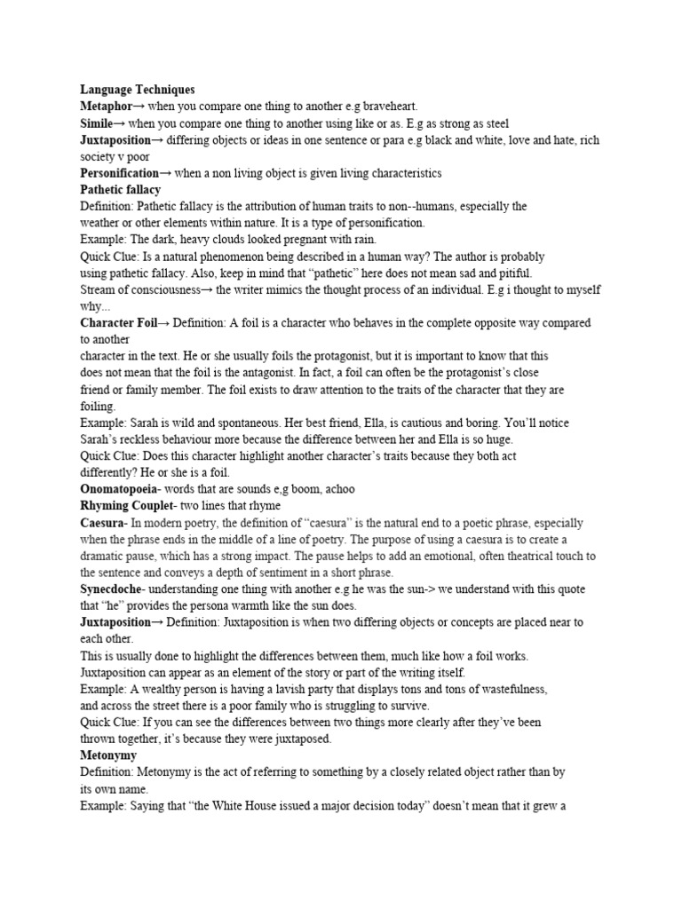 Essential Language Techniques Explained | PDF | Satire | Poetry