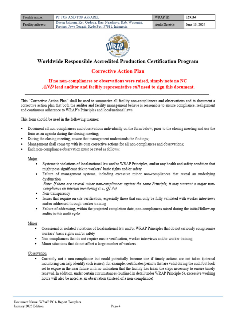 WRAP PCA Report for PT Top Apparel | PDF | Personal Protective ...