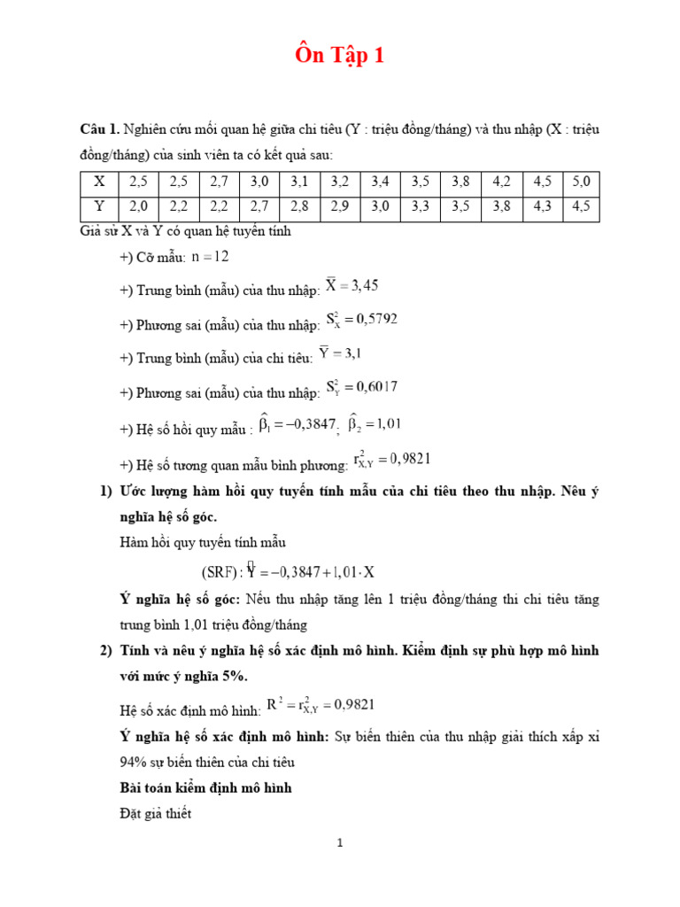 Bài tâp ôn tập KTL - Hồi quy đơn | PDF